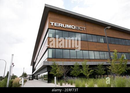 A logo sign outside of the headquarters of Terumo BCT in Lakewood ...