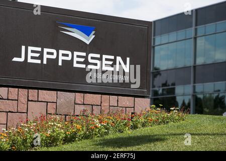 A logo sign outside of the headquarters of Jeppesen in Englewood ...