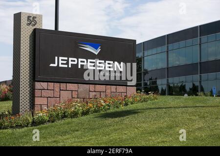 A logo sign outside of the headquarters of Jeppesen in Englewood ...