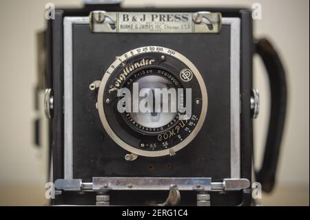 A Burke & James 4X5 large format press camera with a Voigtlander ...