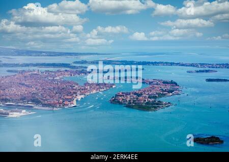 Aerial drone view of Venice, Italy. Water channels with multiple ...