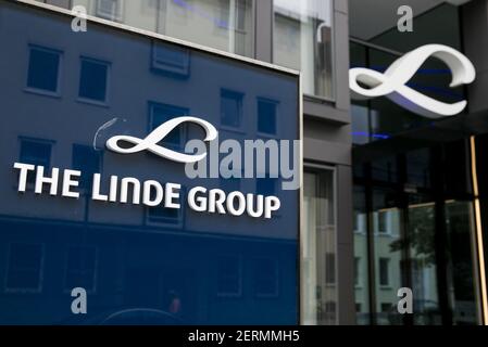 A logo sign outside of the headquarters of The Linde Group in Munich ...