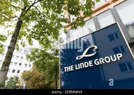 A logo sign outside of the headquarters of The Linde Group in Munich ...