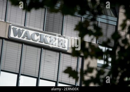 A logo sign outside of the headquarters of Wacker Chemie in Munich ...
