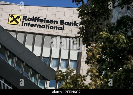 Raiffeisen bank headquarters in Vienna on the bank of the Danube canal ...