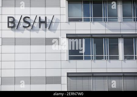 A logo sign outside of the headquarters of BSH Hausgeräte GmbH (BSH ...