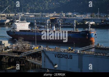 The Tiger Pioneer bulk carrier navigates past Vigor Industrial's ...