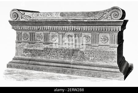 Bas relief on a tomb from ancient Greece. Greek civilisation. Old 19th ...