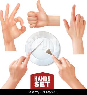 3d Set of Realistic Hands Gestures in Cartoon Style. Render Human Hand Shows Different Gestures ...