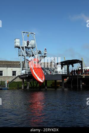Sequence of a Free Fall Lifeboat being released and dropped Stock Photo ...