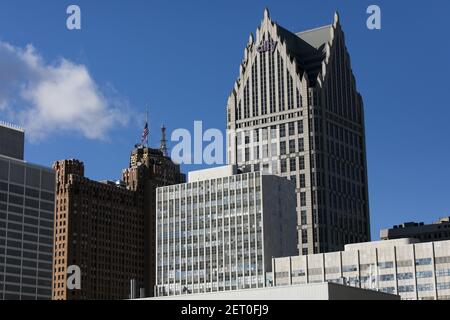 A logo sign outside of the Ally Detroit Center, the headquarters of ...