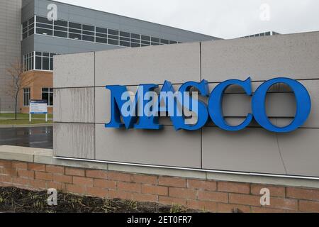 A logo sign outside of the headquarters of the Masco Corporation in ...