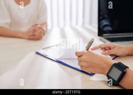 Job interview concept . Office table top view. Notepad, pen and ...