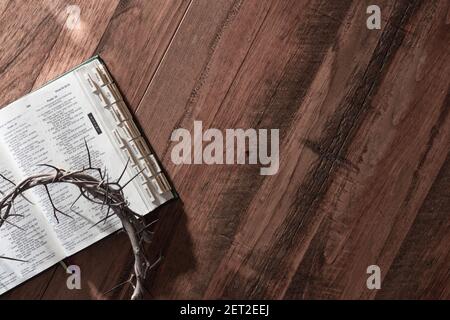 Frame of open bible, crown of thorns, palm leaves and christian cross ...