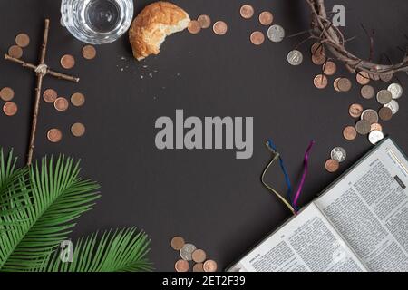 Lent Christian frame or border, with cross, crown of thorns, bible and ...