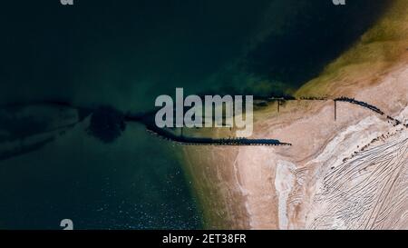 Aerial view of Reeves Beach with the Roanoke Barges shipwreck in ...