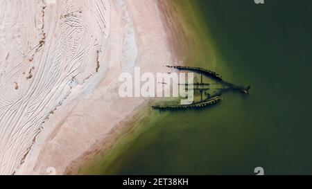 Aerial view of Reeves Beach with the Roanoke Barges shipwreck in ...