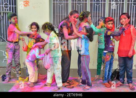 Beawar, Rajasthan, India, March 2, 2018: Indian girls celebrate Holi ...