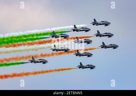Italian Air Force aerobatic demonstration team Frecce Tricolori flying ...