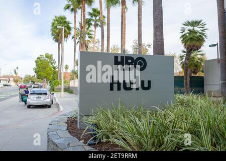 Sign with logos for Home Box Office (HBO) and Hulu streaming service at ...