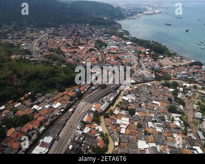 Aerial view of pelabuhan merak is a marine port and town harbor island ...