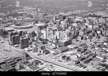 1960s AERIAL ST. LOUIS MISSOURI STADIUM DOWNTOWN ARCH GATEWAY ...