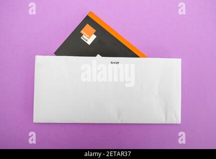 Paris, France - Oct 8, 2018: Directly above shot of envelope with ...