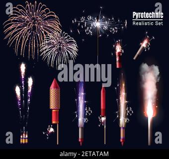 Bengal lights pyrotechnics realistic set on transparent background with ...