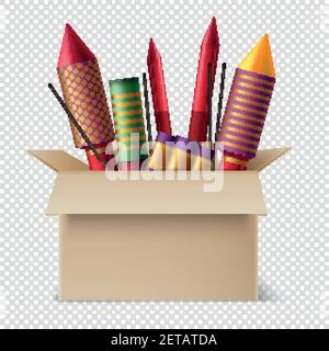 Realistic pyrotechnics in box composition with different sparklers and sticks of bengal lights ...