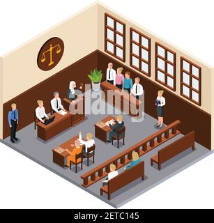 Courtroom interior with judge, attorney and jury table. Empty room ...