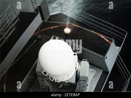 Phalanx CIWS firing on USS Theodore Roosevelt (CVN-71) c1987 Stock ...