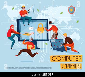 Criminal background with set of five flat cartoon characters of outcast ...