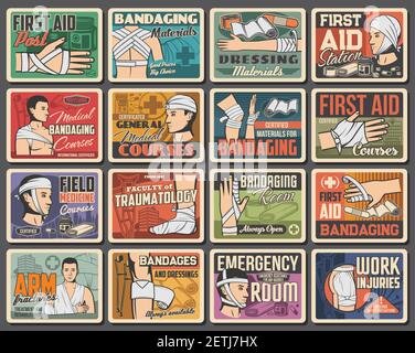 First aid and trauma bandaging posters. Vector hospital admission ...