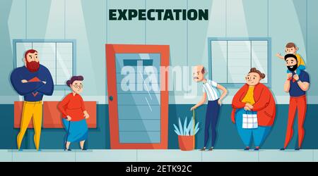 People wait in hospital hall interior vector illustration. Cartoon flat ...