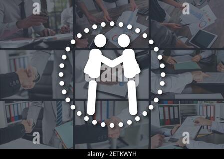 Business partnership concept illustrated by pictures on background ...