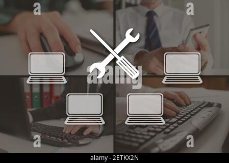 Maintenance service concept illustrated by pictures on background Stock ...