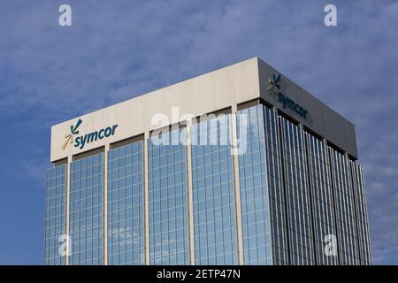 A logo sign outside of the headquarters of Symcor in Mississauga ...