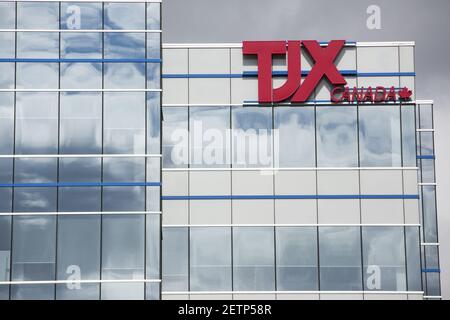 A logo sign outside of the headquarters of The TJX Companies, Inc., in ...