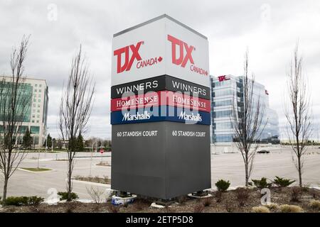 A logo sign outside of the headquarters of The TJX Companies, Inc., in ...