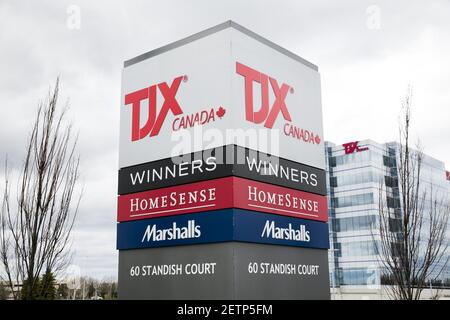 A logo sign outside of the headquarters of The TJX Companies, Inc., in ...