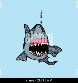 White shark front view with open mouth, sharp jaws, hand drawn doodle ...