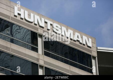 A logo sign outside of the headquarters of the Huntsman Corporation in ...