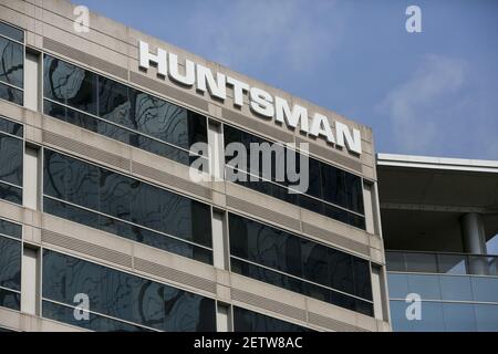 A logo sign outside of the headquarters of the Huntsman Corporation in ...
