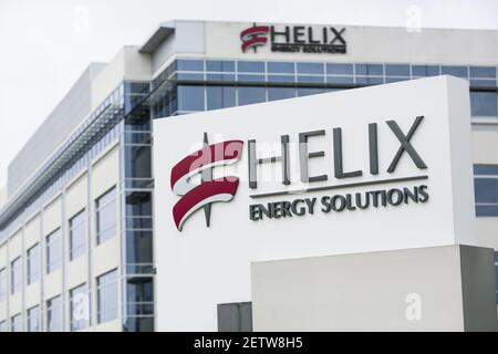 A logo sign outside of the headquarters of Helix Energy Solutions Inc ...