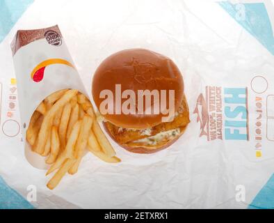 Burger King Fish Sandwich with large french fries Stock Photo - Alamy