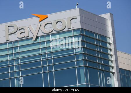 A logo sign outside of the headquarters of Paycor in Cincinnati, Ohio ...