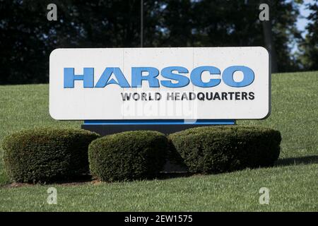 A logo sign outside of the headquarters of the Harsco Corporation in ...