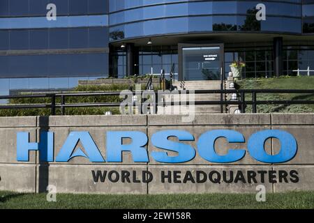 A logo sign outside of the headquarters of the Harsco Corporation in ...