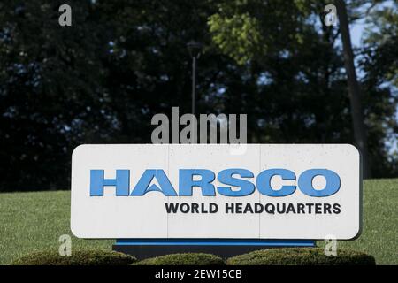 A logo sign outside of the headquarters of the Harsco Corporation in ...