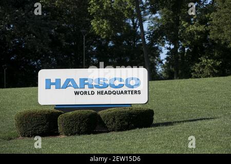A logo sign outside of the headquarters of the Harsco Corporation in ...